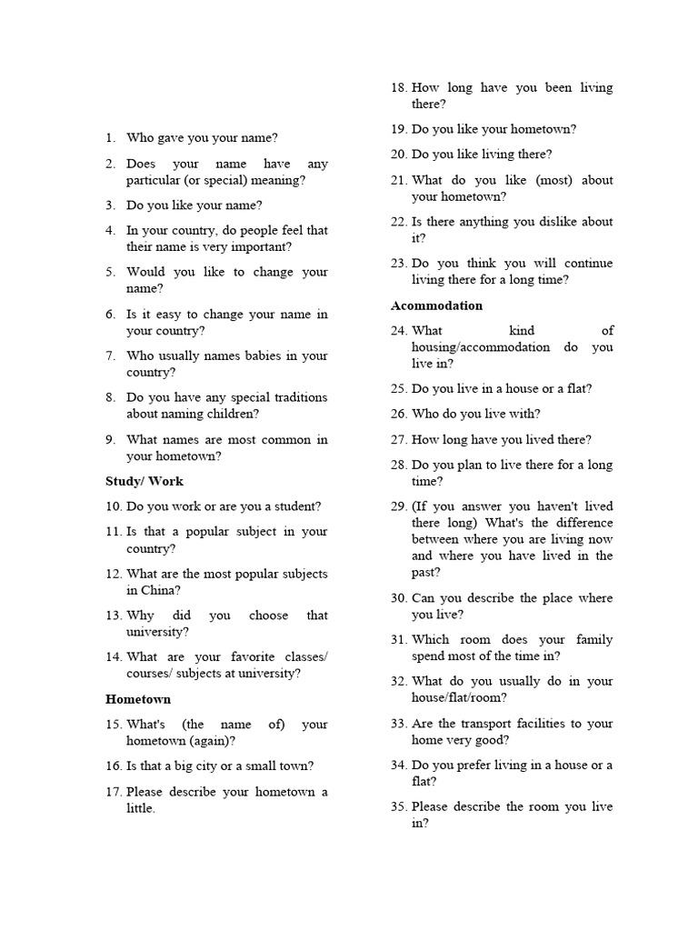 50 Topics of Speaking IELSTS Part 1 | Download Free PDF | Weather ...