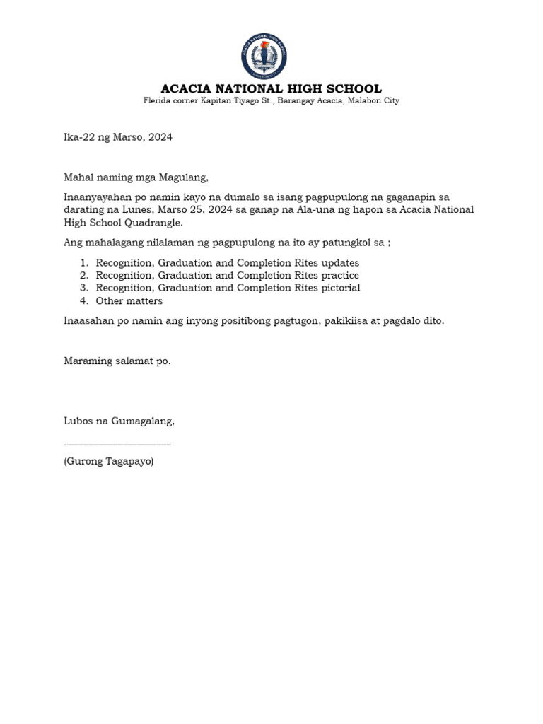 Liham Para Sa Punong Barangay Vira Docx Republika Ng Pilipinas ...