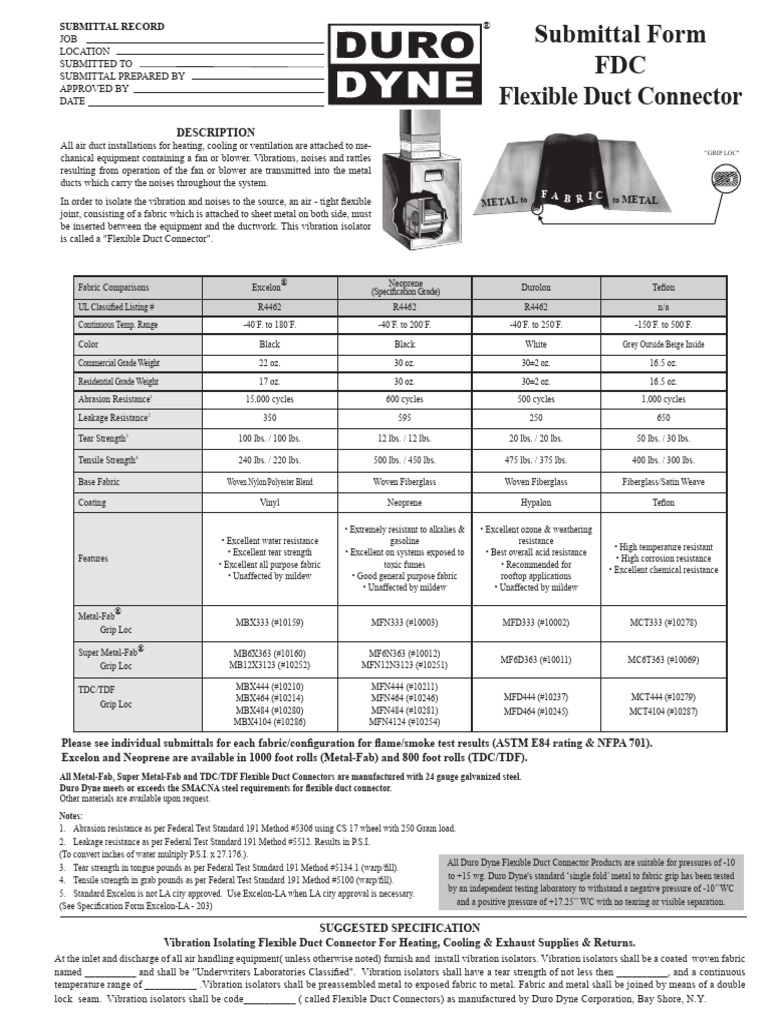FDC FlexDuctConn Submittal | PDF | Duct (Flow) | Acid