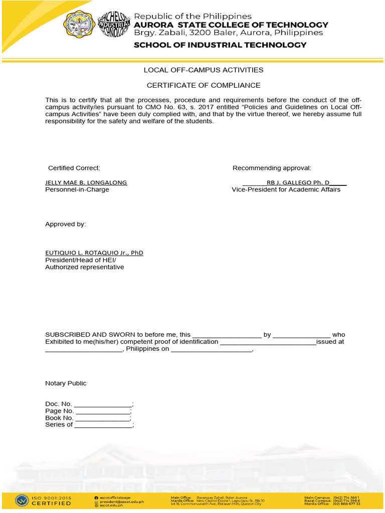 Kevin Local Off-Campus Activities Certificate of Compliance | PDF