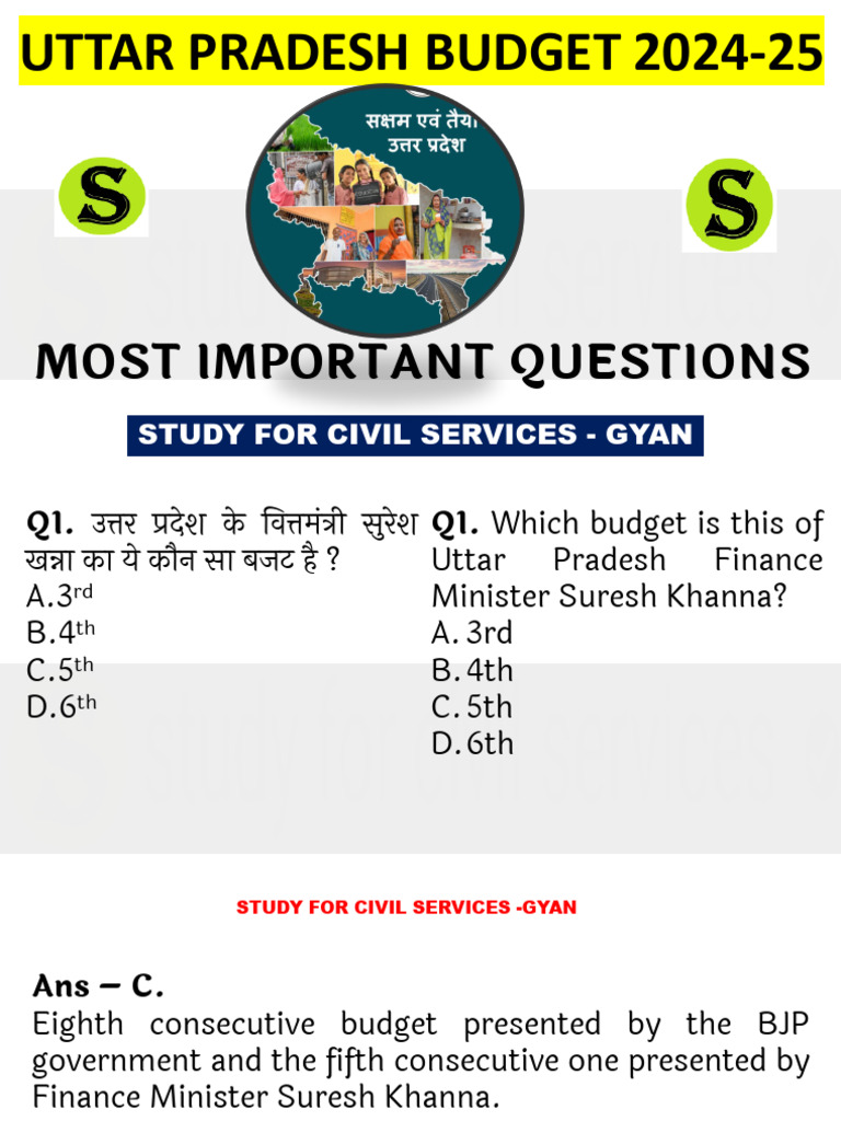 UP Budget 2024-25 Important Questions. - Unlocked | PDF