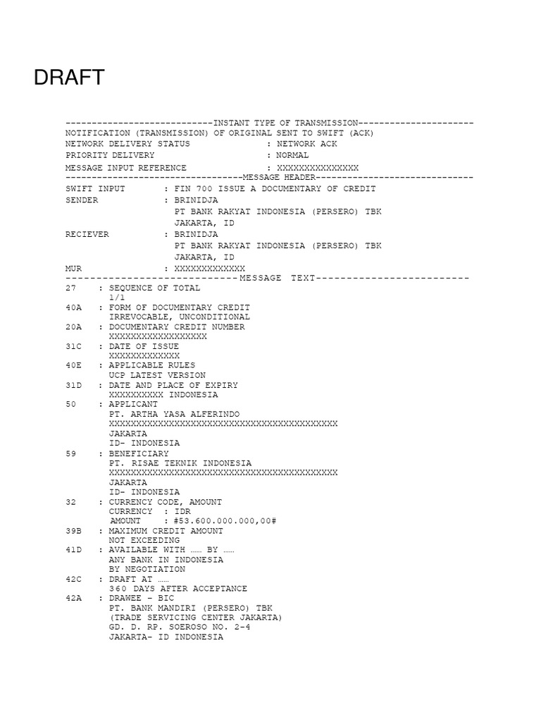 FIN 700 Issue of A Documentary Credit PT. ARTHA YASA ALFERINDO - DRAFT | PDF