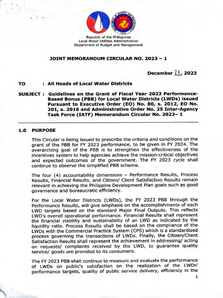 LWUA-DBM JOINT MEMORANDUM CIRUCLAR 2023-01 - GUIDELINES ON THE GRANT OF ...