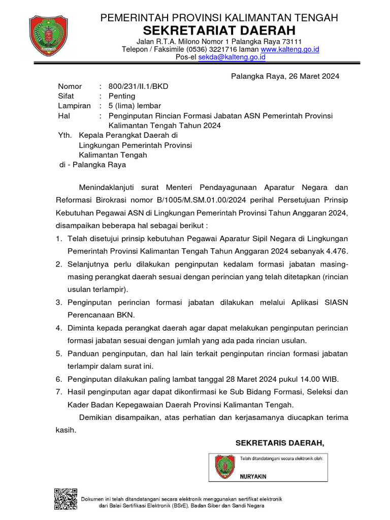 BKD-SURAT PENGINPUTAN DI SIASN PERENCANAAN 2024_signed | PDF