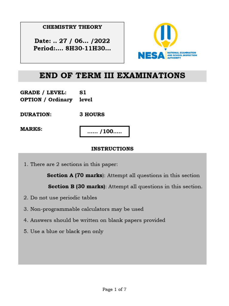 S1 Chemistry Exam Paper Guide | PDF | Ph | Hydroxide