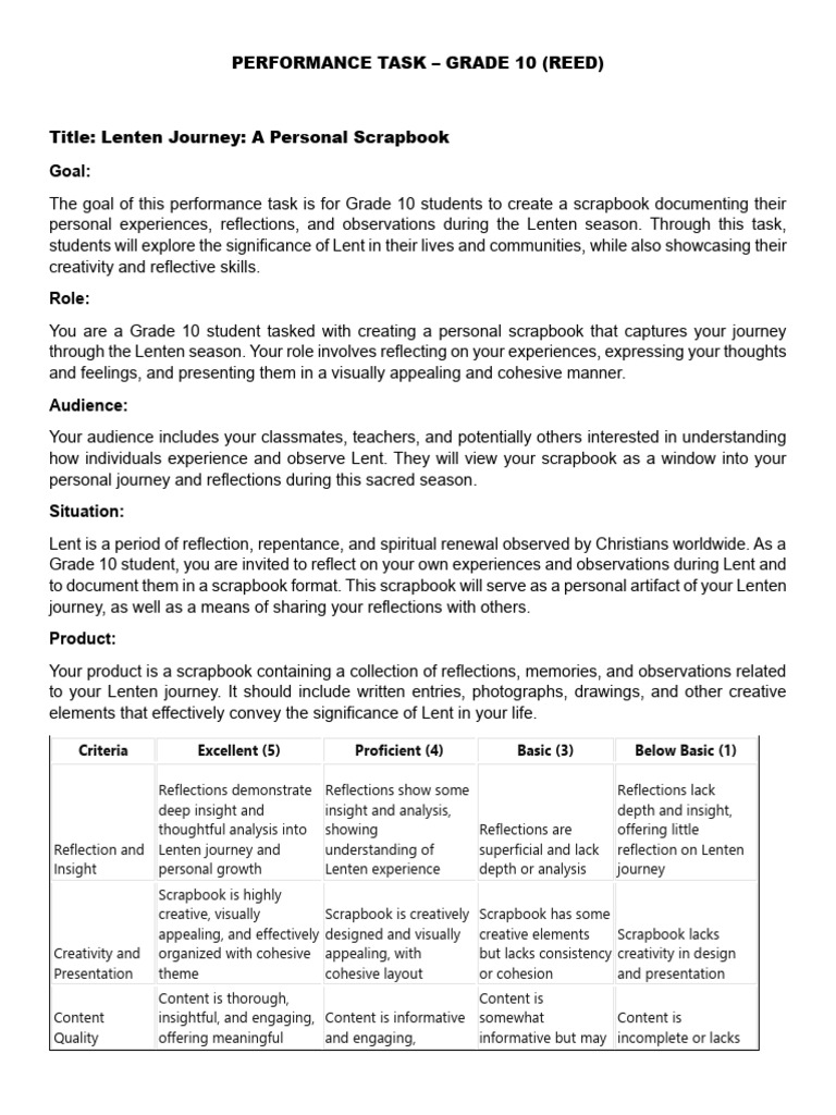 PERFORMANCE TASK Grade 10WKENF | PDF | Lent | Scrapbooking