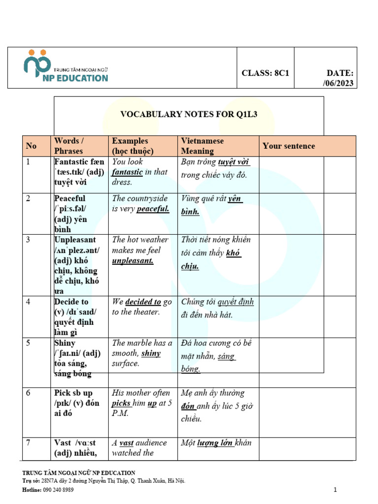 Bản sao của Vocab notes Q1L2 8C1 | PDF