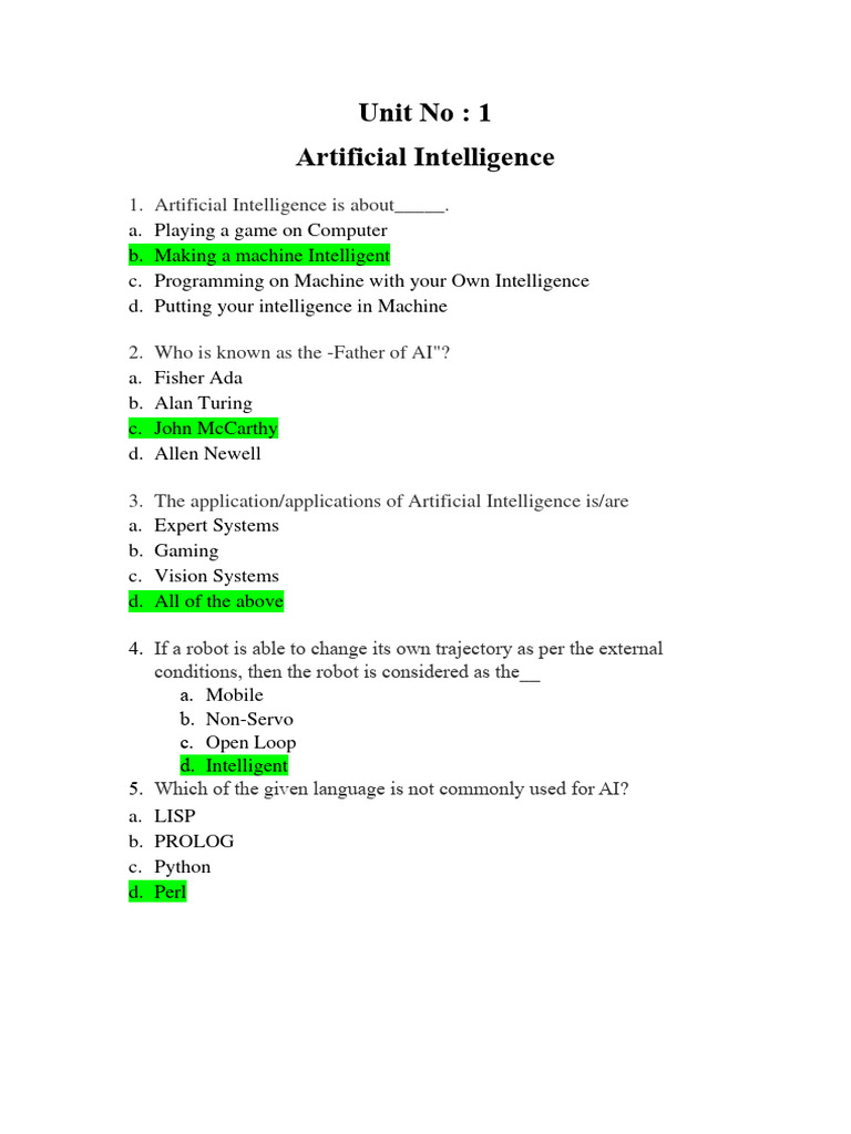 Unit No 1 MCQ | PDF | Artificial Intelligence | Intelligence (AI ...