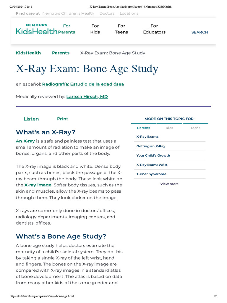 X-Ray Exam - Bone Age Study (For Parents) - Nemours KidsHealth | PDF ...