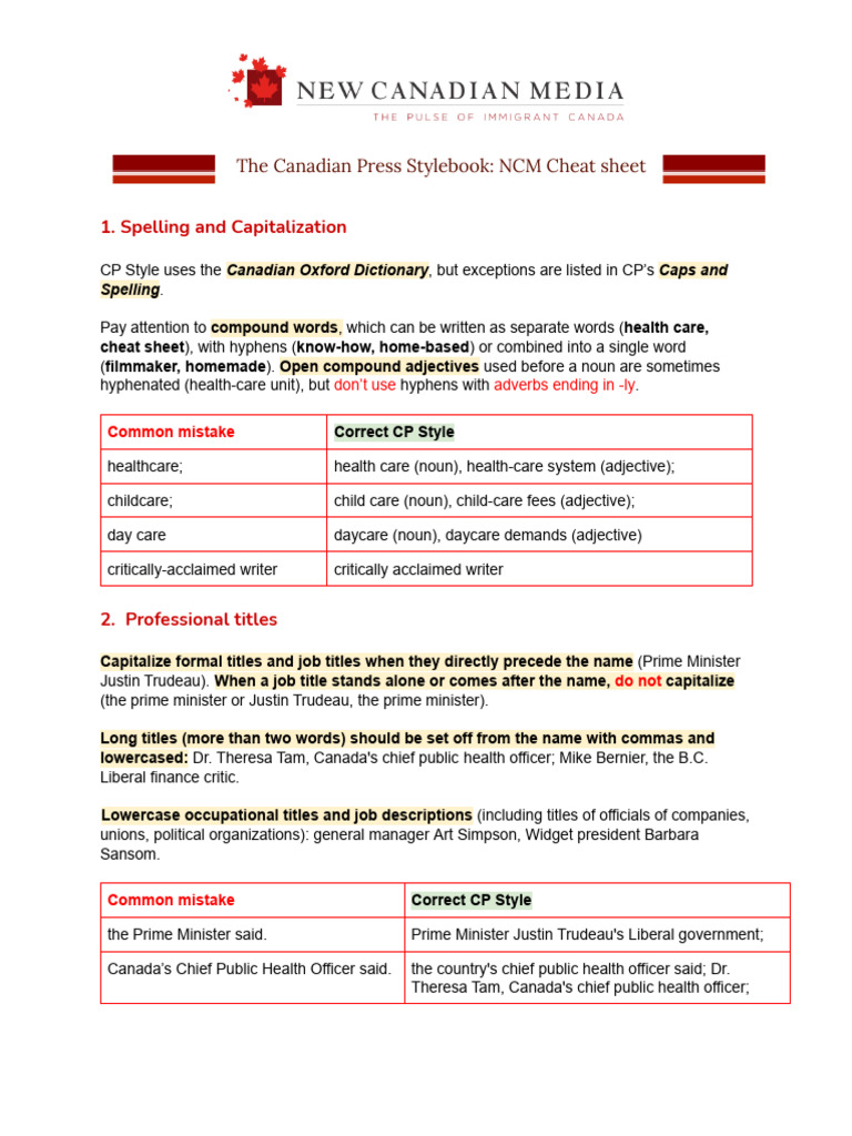 The Canadian Press Stylebook - Cheat Sheet For NCM Writers 1 | PDF ...
