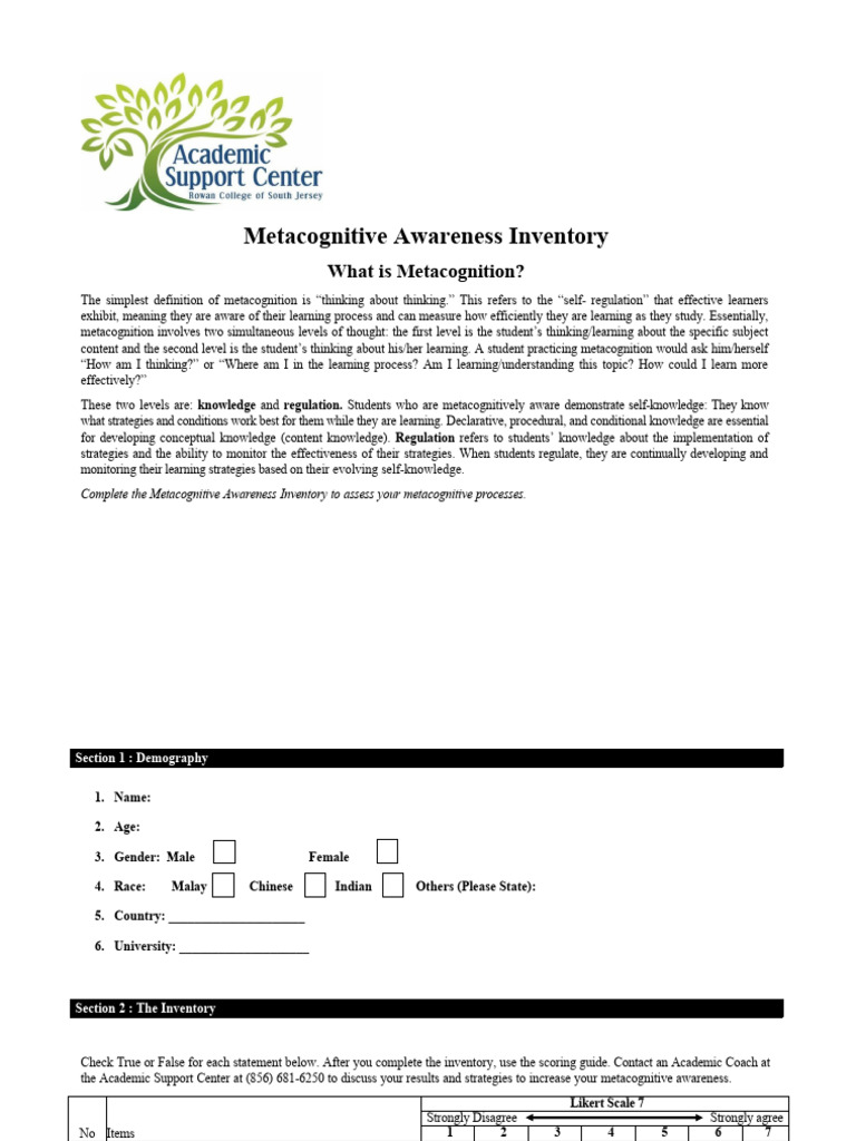 Metacognitive Awareness Inventory | PDF | Metacognition | Learning