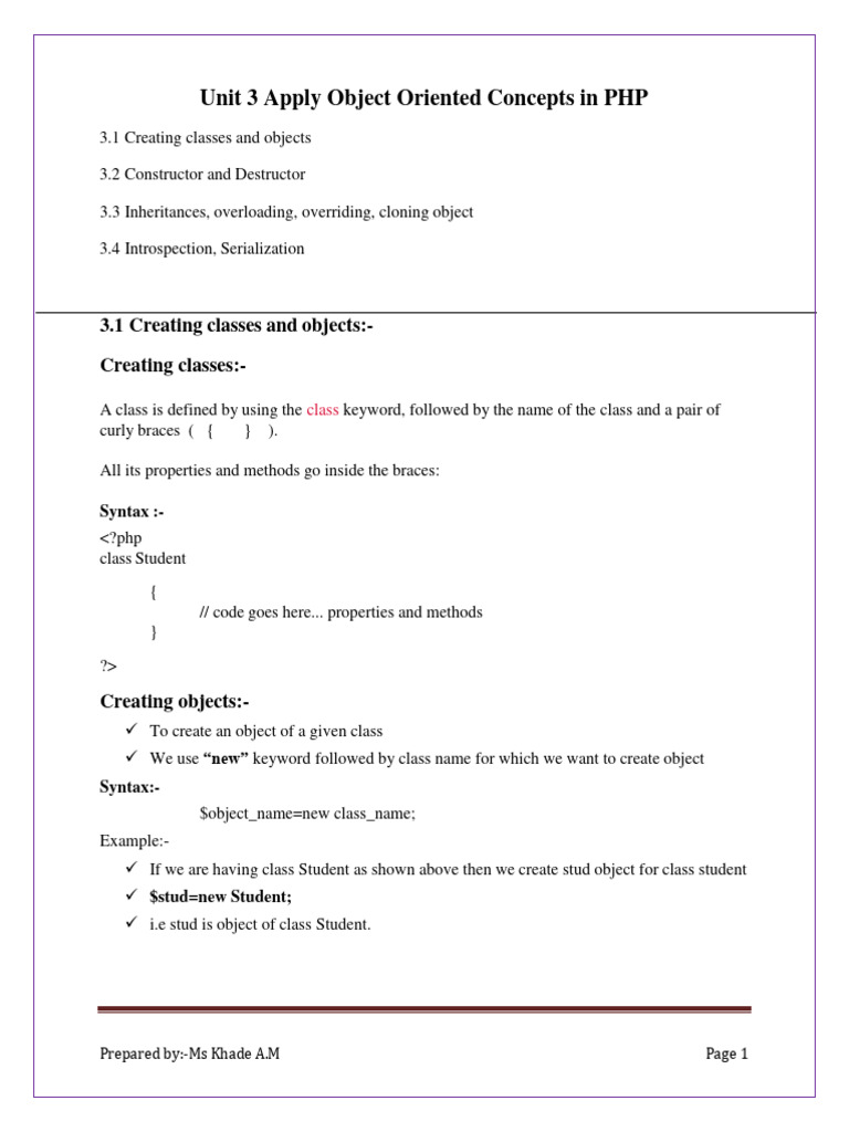 Unit 3 Apply Object Oriented Concepts In Php 2 Pdf Programming Constructor Object