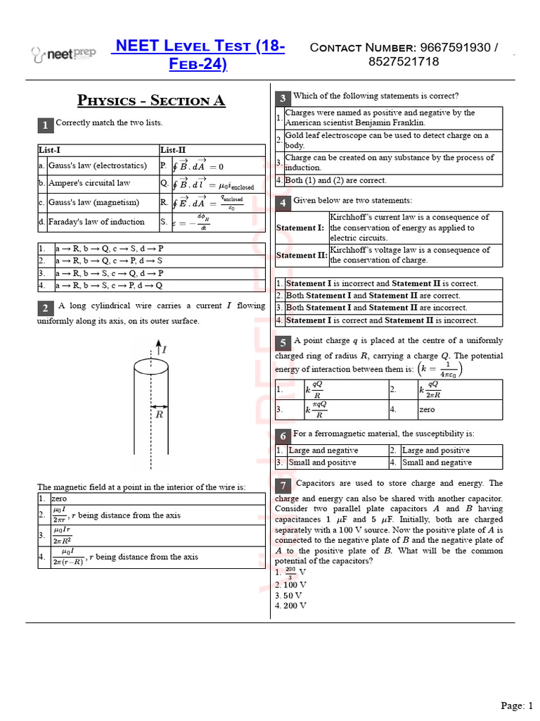 NEET Level Test (18-Feb-24) | PDF | Electromagnetic Induction ...