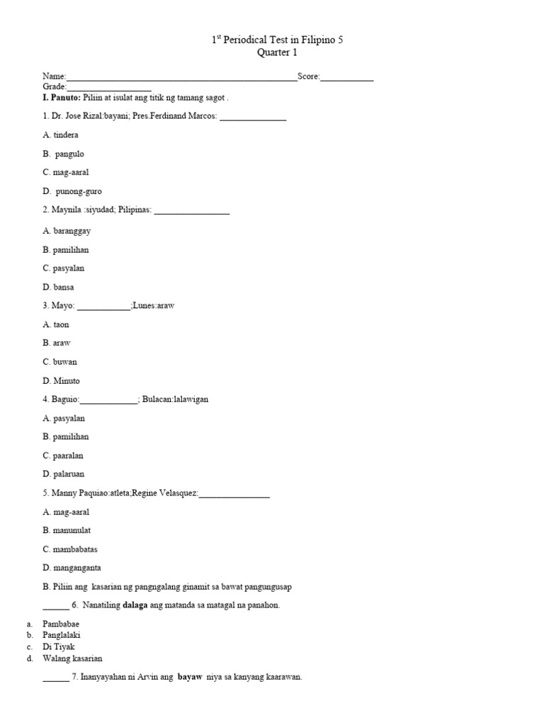 1st Periodical Test in Filipino 5 | PDF