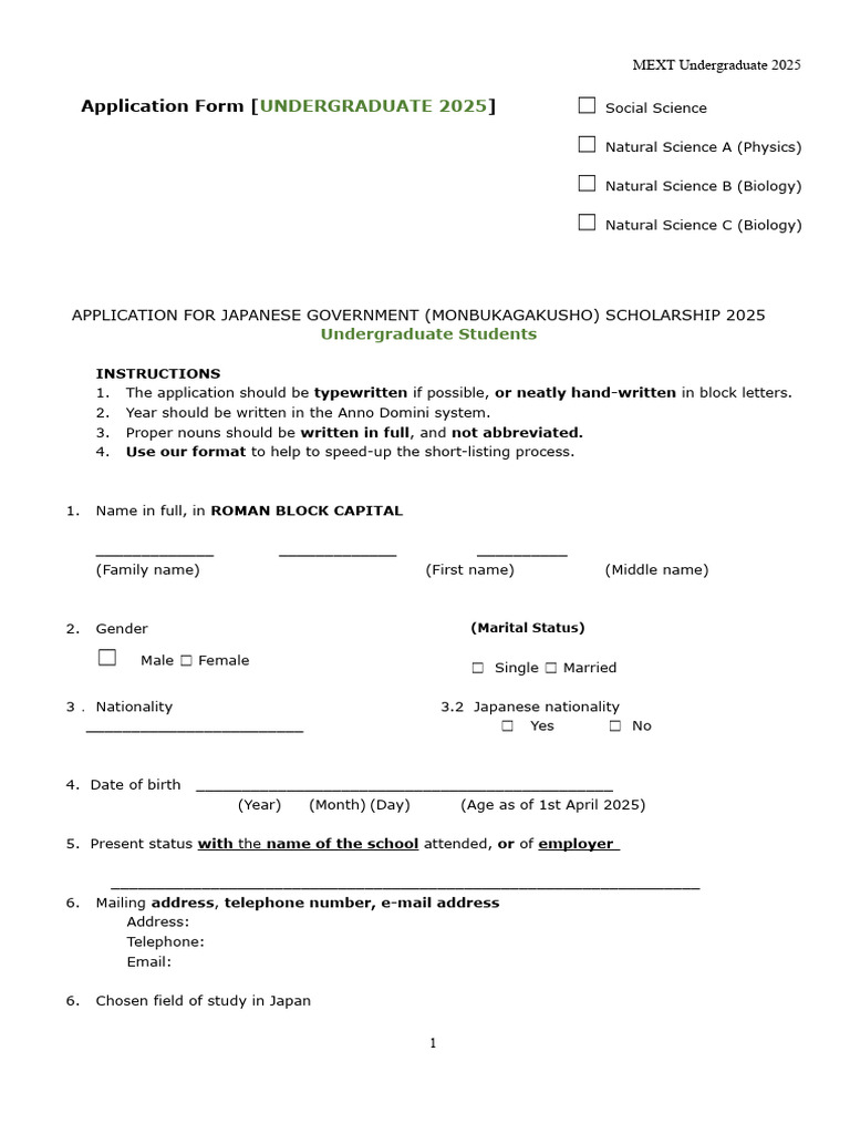 Application Form : Undergraduate 2025 | PDF