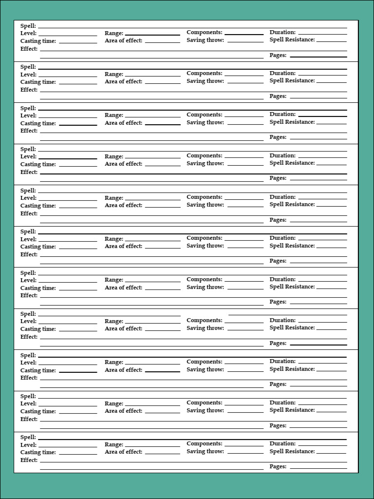 Castle & Crusades Spell Sheet | PDF