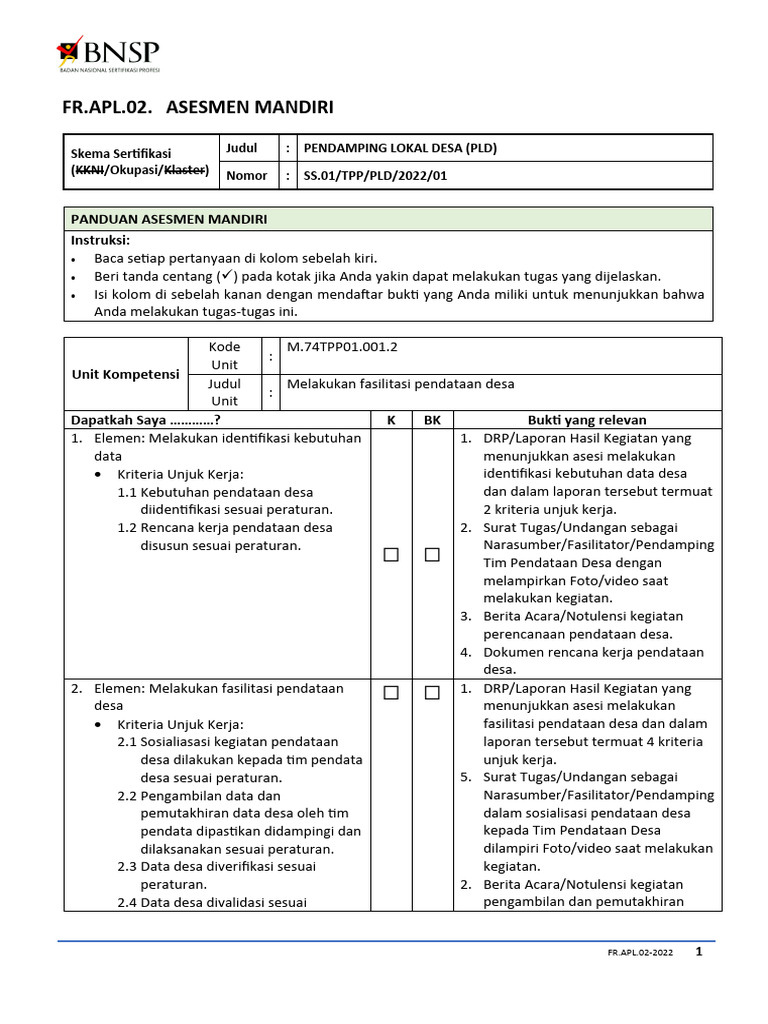Form FR - APL.02. PLD (Sudah Diisi) | PDF