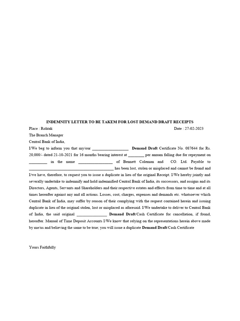 Indemnity Letter To Be Takem For Lost Demand Draft Receipts | PDF