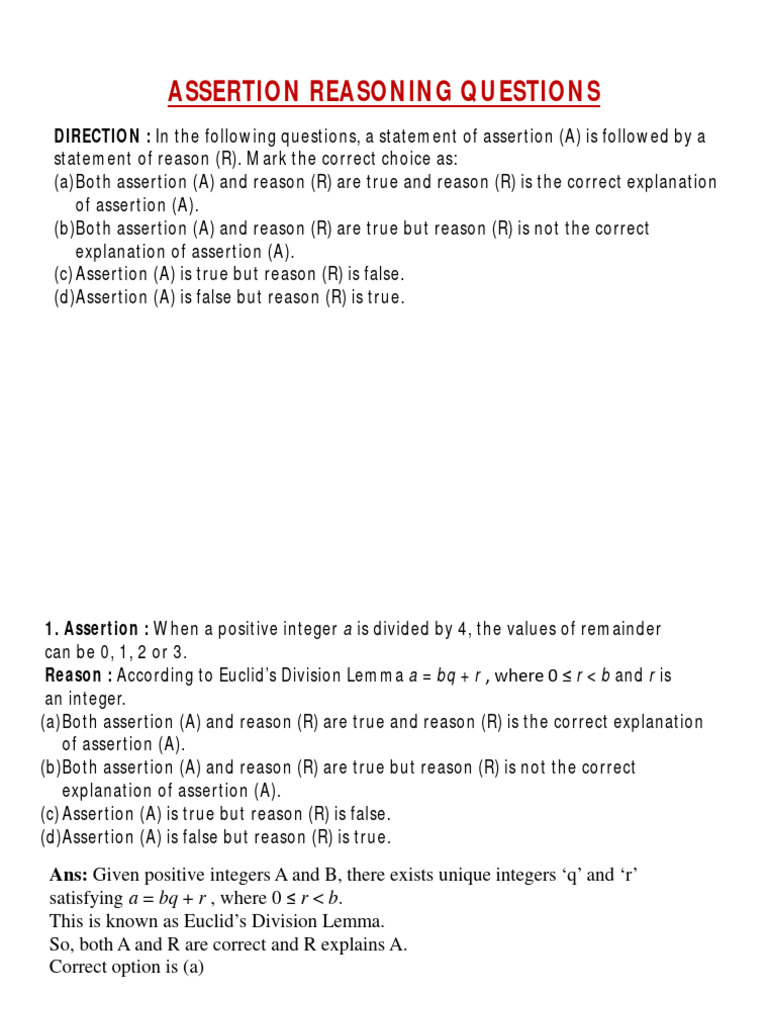 Assertion Reasoning Questions Part-1 | PDF | Mathematics | Number Theory