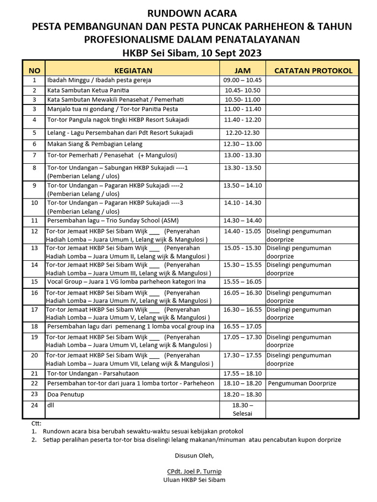 Perkiraan Rundown Acara Pesta Parheheon Dan Pesta Pembangunan R Dinas HKBP Sei Sibam | PDF