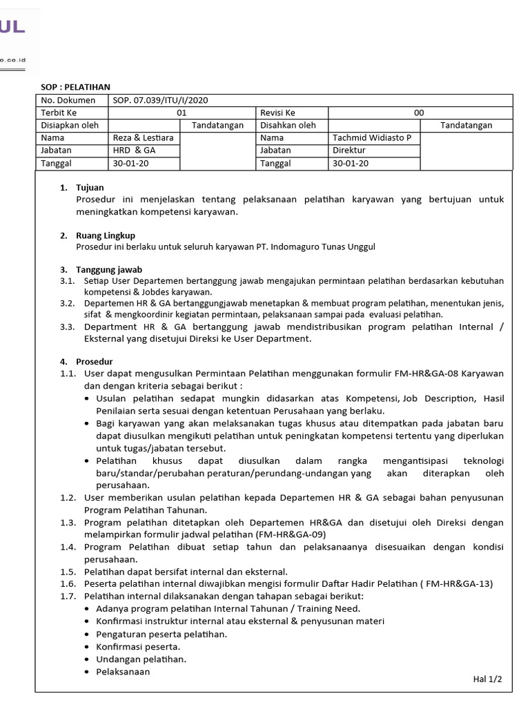 SOP Pelatihan Karyawan PT Indomaguro | PDF