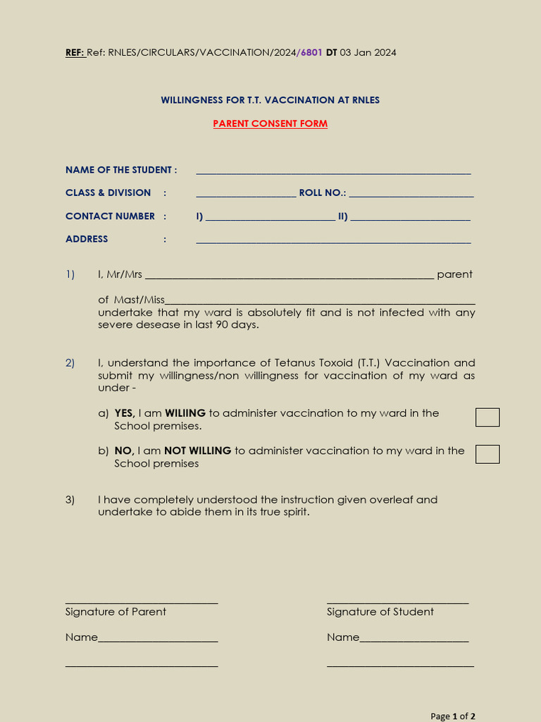 TT Vaccination Consent Form - 2024 | PDF | Vaccination | Epidemiology