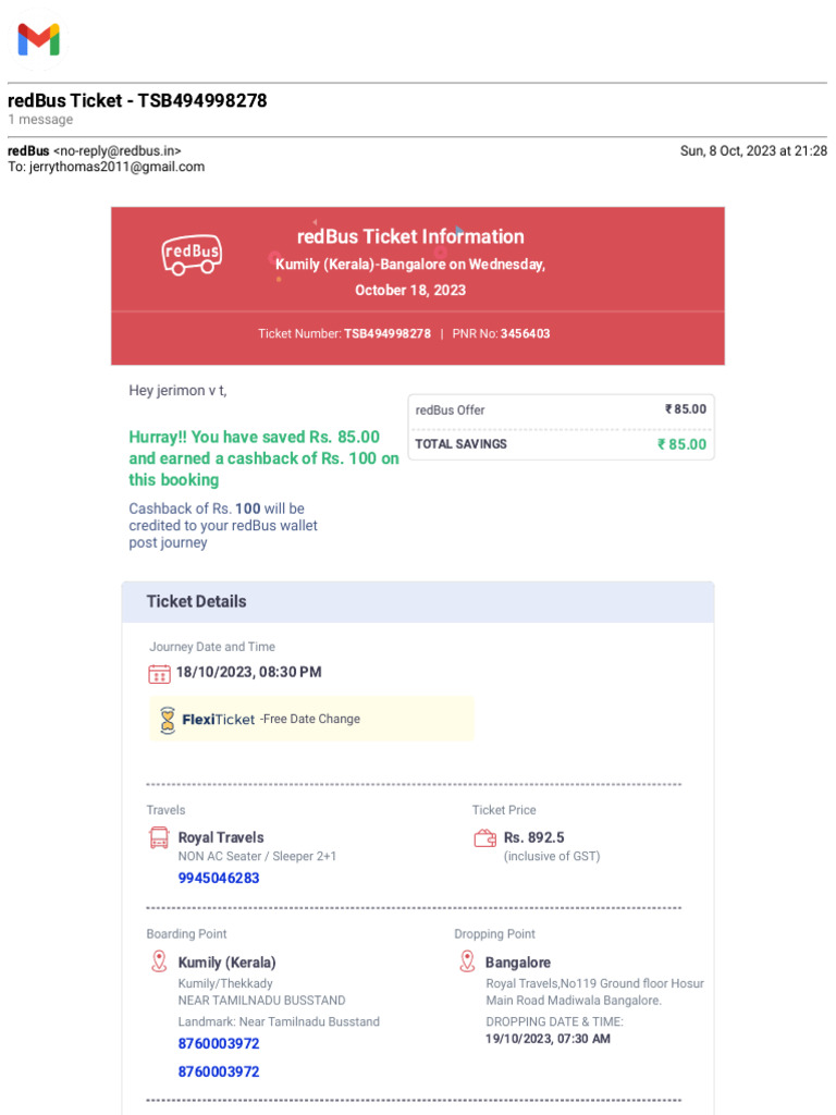 Bangalore-Kumily Bus Ticket Info | PDF | Bus | Baggage