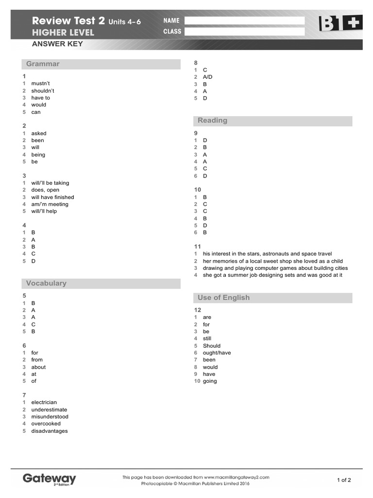 B1+ Review Test 2 Answer Key Higher | PDF | Linguistics | Cognition
