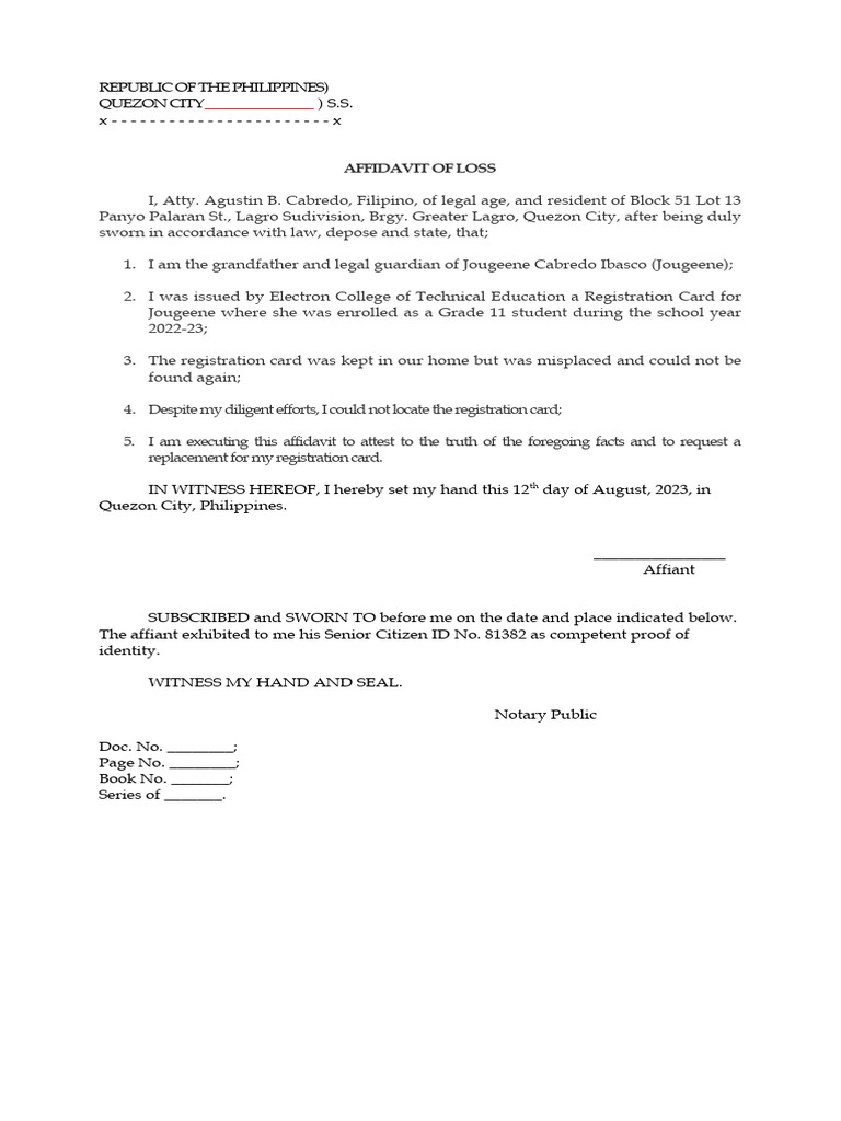 Affidavit of Loss Registration Card | PDF