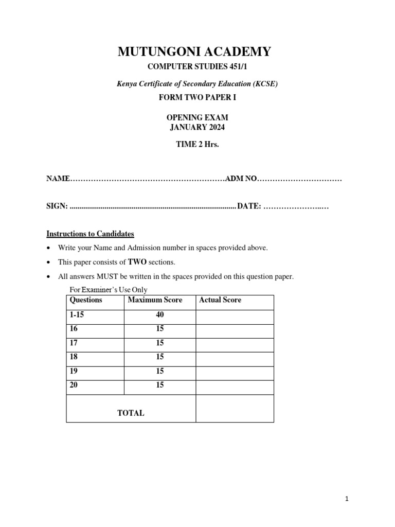 Form-2-Comp - Opening Exam | PDF | Operating System | Computer Data Storage