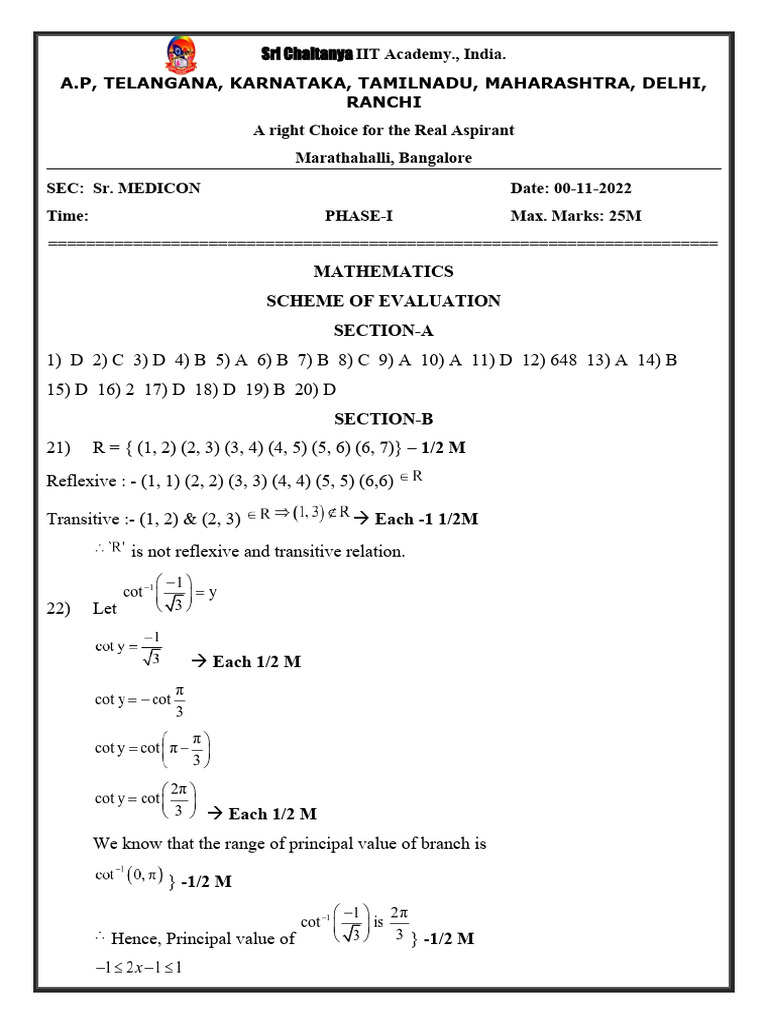 15-11-2022_Sr.2Hrs Prog.(ICON & CON)_PHASE - 01_MATHEMATICS_SCHEME OF EVALUATION | PDF ...