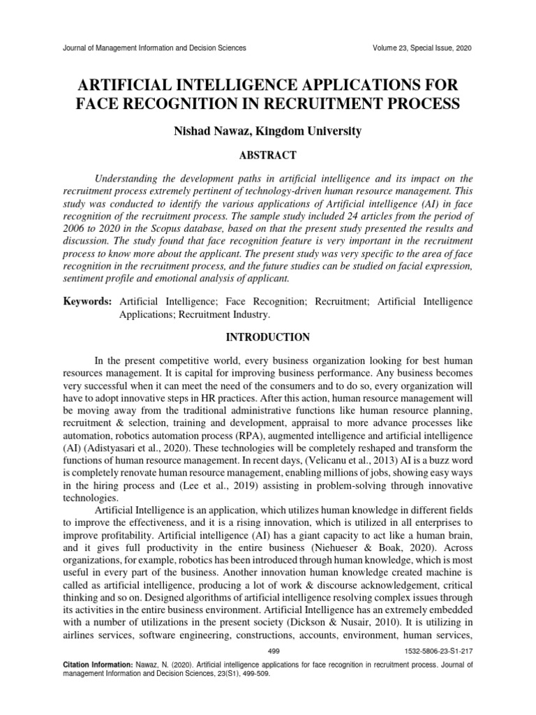 Artificial Intelligence Applications For Face Recognition in Recruitment Process 1532 5806 23 S1 ...