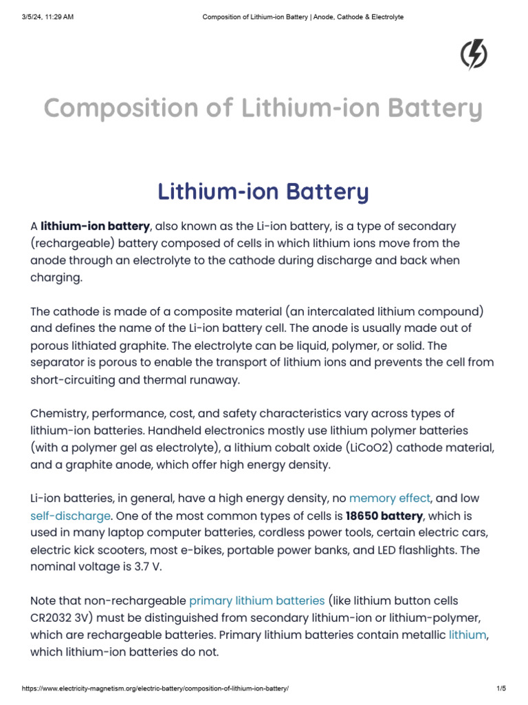 Composition of Lithium-Ion Battery - Anode, Cathode & Electrolyte-1 | PDF