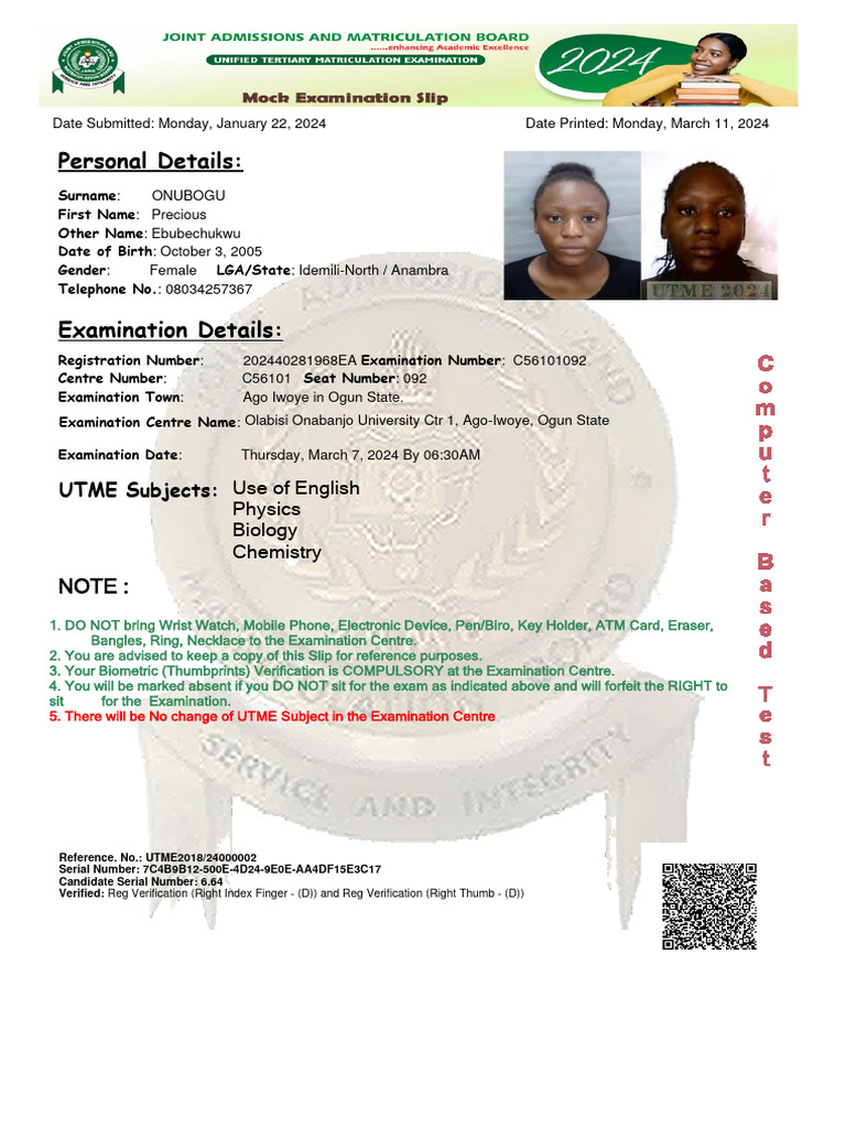 Mock Examination Slip | PDF