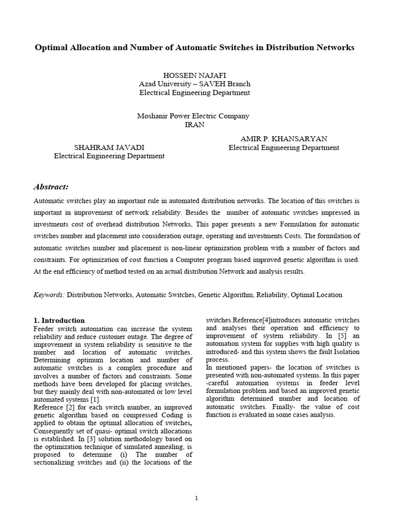 Optimal Placement of Automatic Switches | PDF | Mathematical Optimization | Reliability Engineering