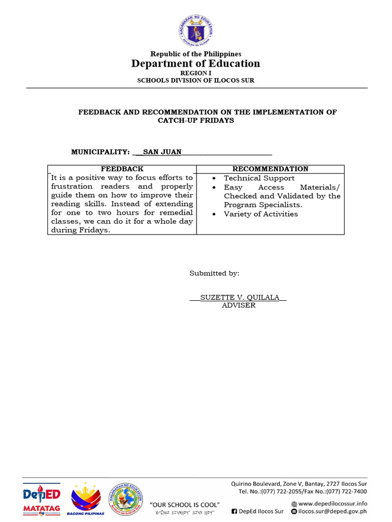 TEMPLATE Feedback and Recommendations On The Implementation of Catch Up ...