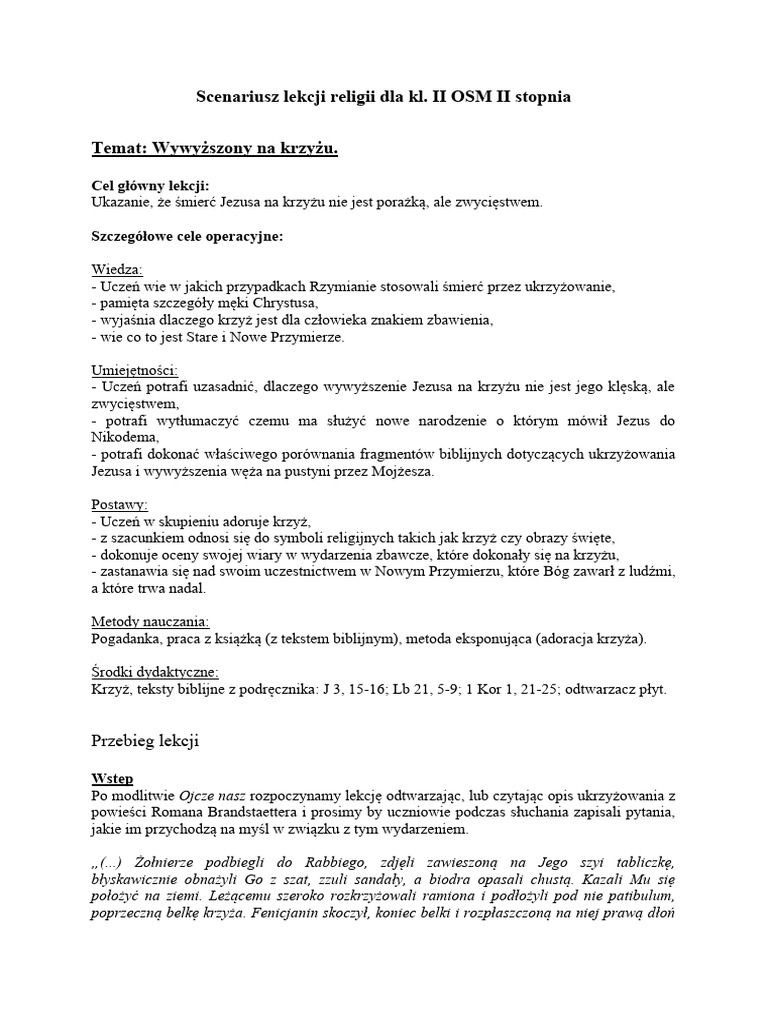 Scenariusz Lekcji Religii Dla KL | PDF