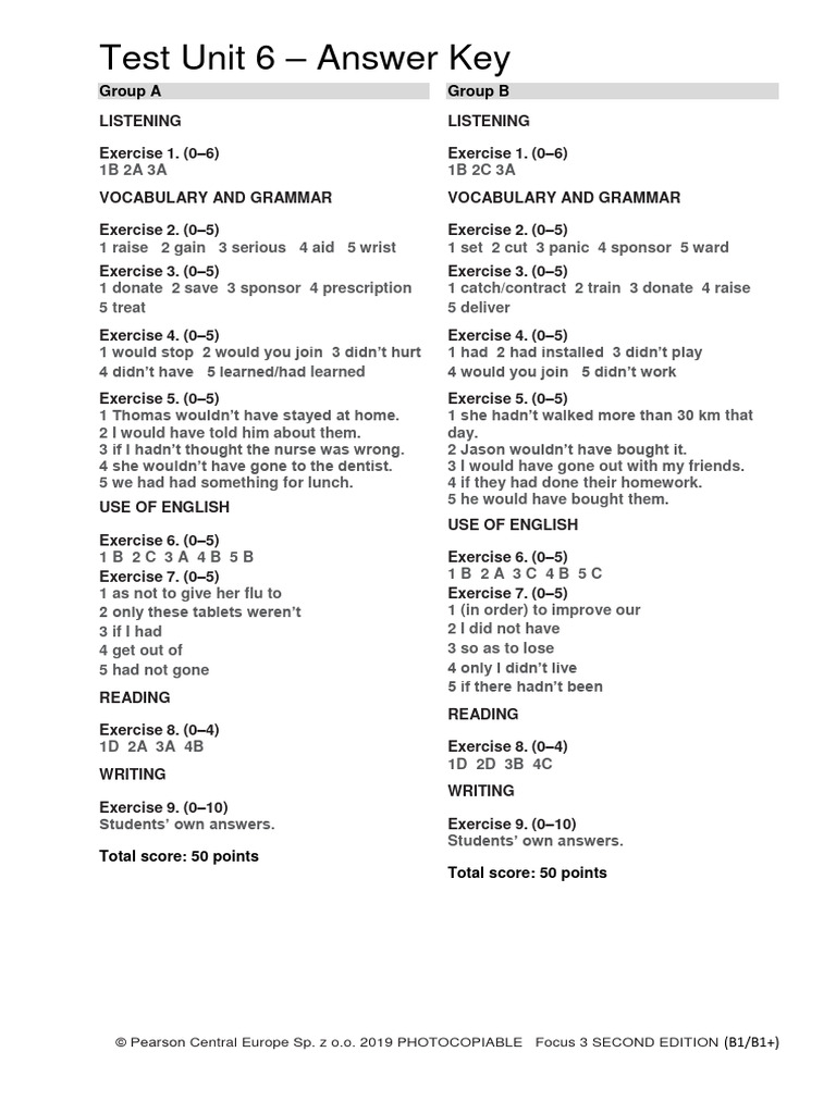 Focus 3 Unit 6 Test Answer Key | PDF