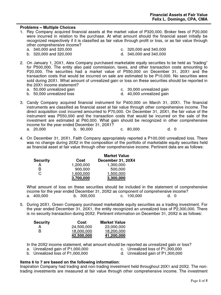 Fair Value Financial Asset Solutions | PDF | Fair Value | Equity (Finance)