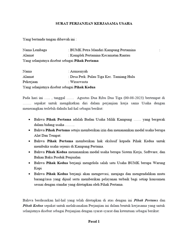 Surat Perjanjian Kerjasama Usaha Edit Pdf