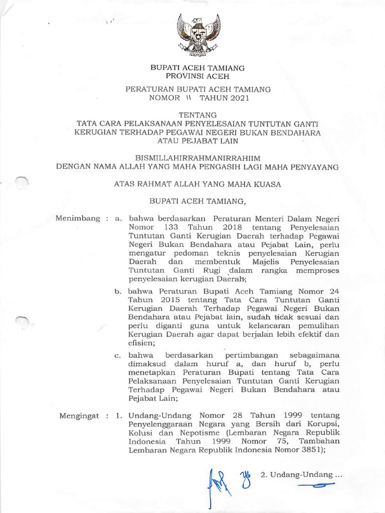 Perbup No 11 Tahun 2021 Tata Cara Pelaksanaan TGR | PDF