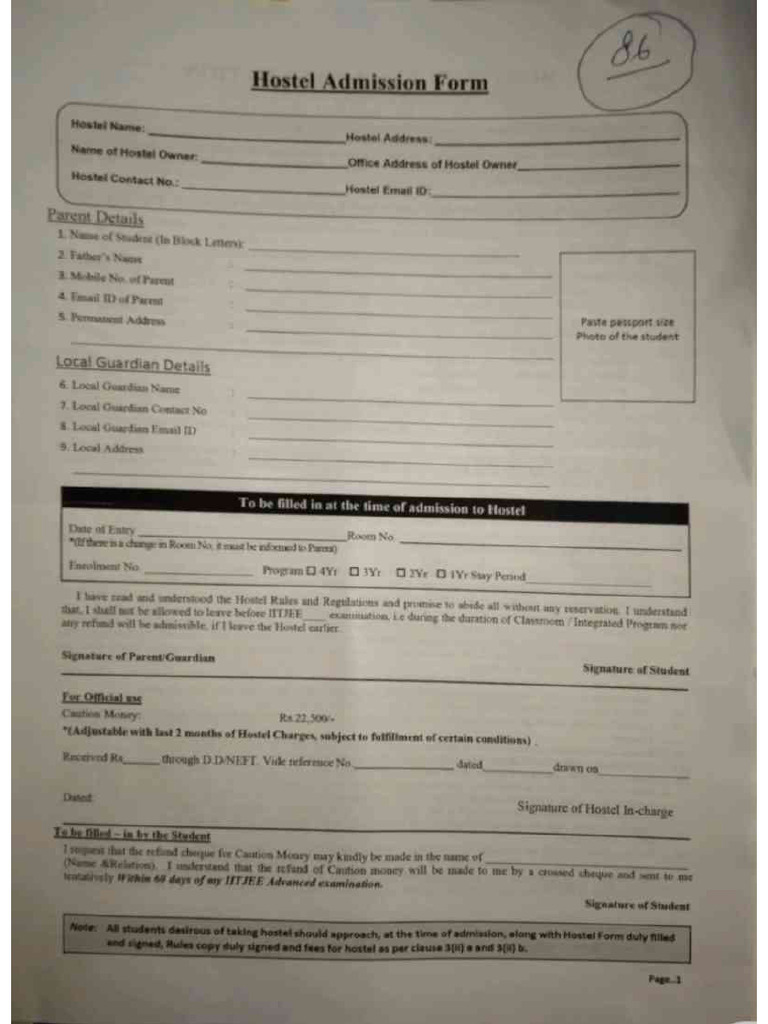 Hostel Admission Form | PDF