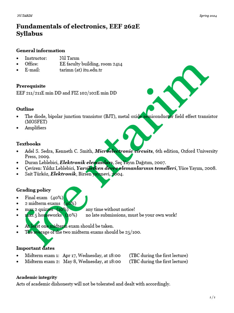 Fundamentals of Electronics Syllabus | PDF