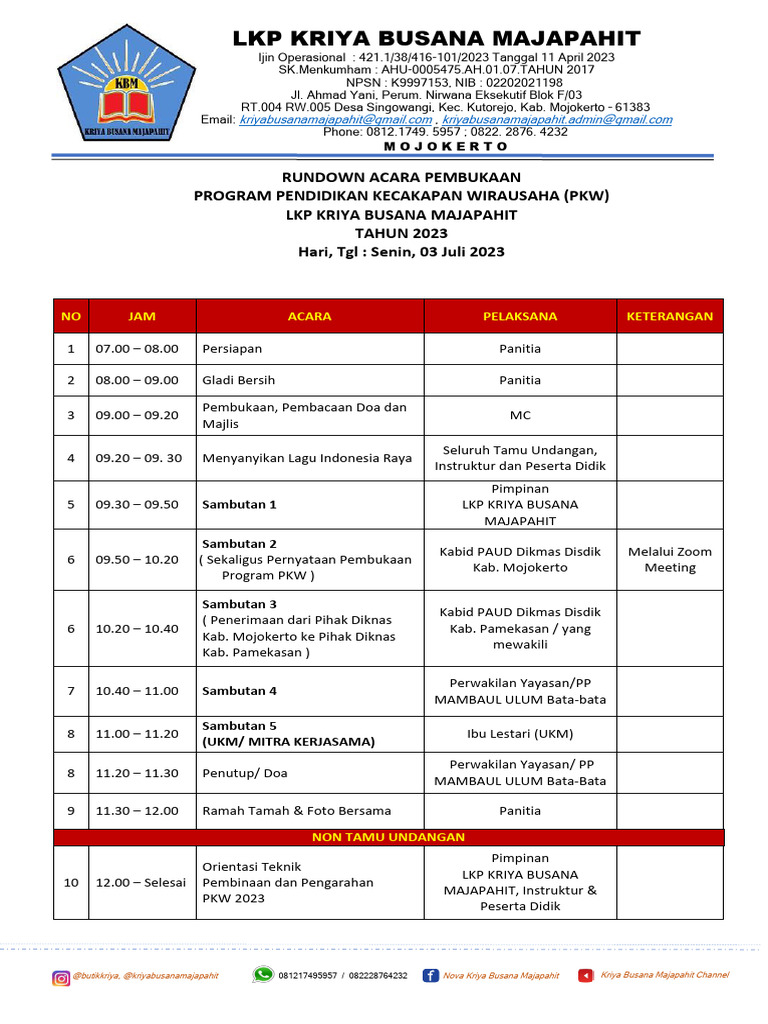 Rundown Opening & Closing Ceremonial PKW 2023 (Pembukaan & Penutupan) Cek Dulu | PDF