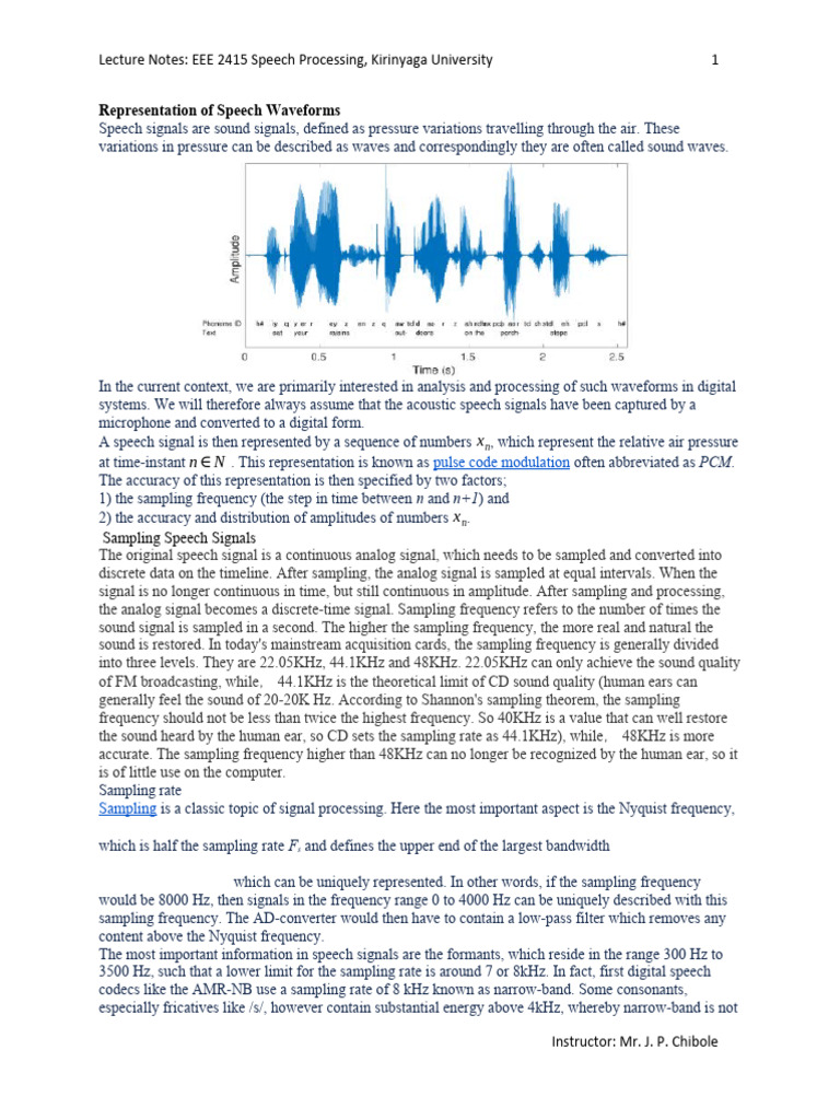 Week-3 Representation of Speech Waveforms - EEE 2415 | PDF | Sampling (Signal Processing ...