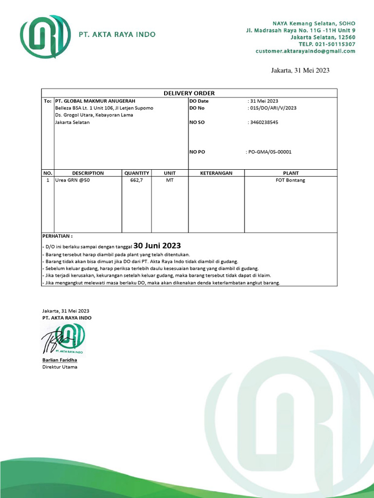 Contoh Surat Delivery Order Barang | PDF