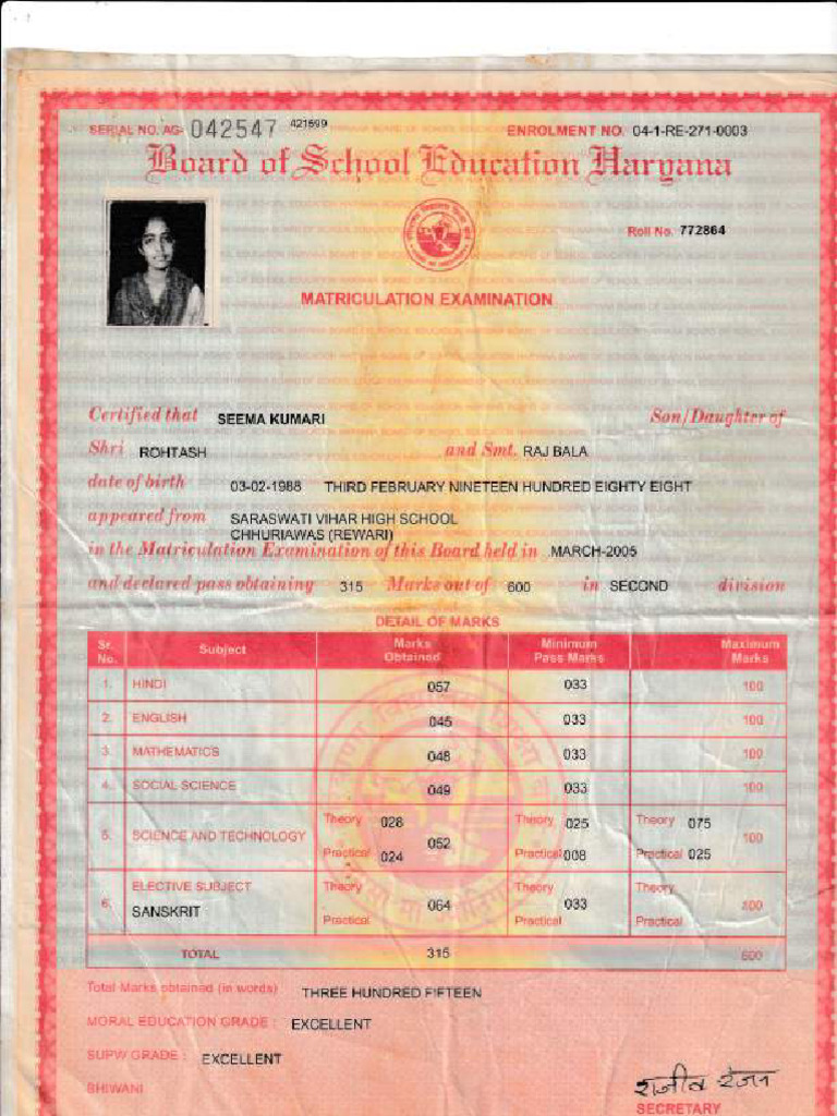 Seema 10th Marksheet - Compressed | PDF