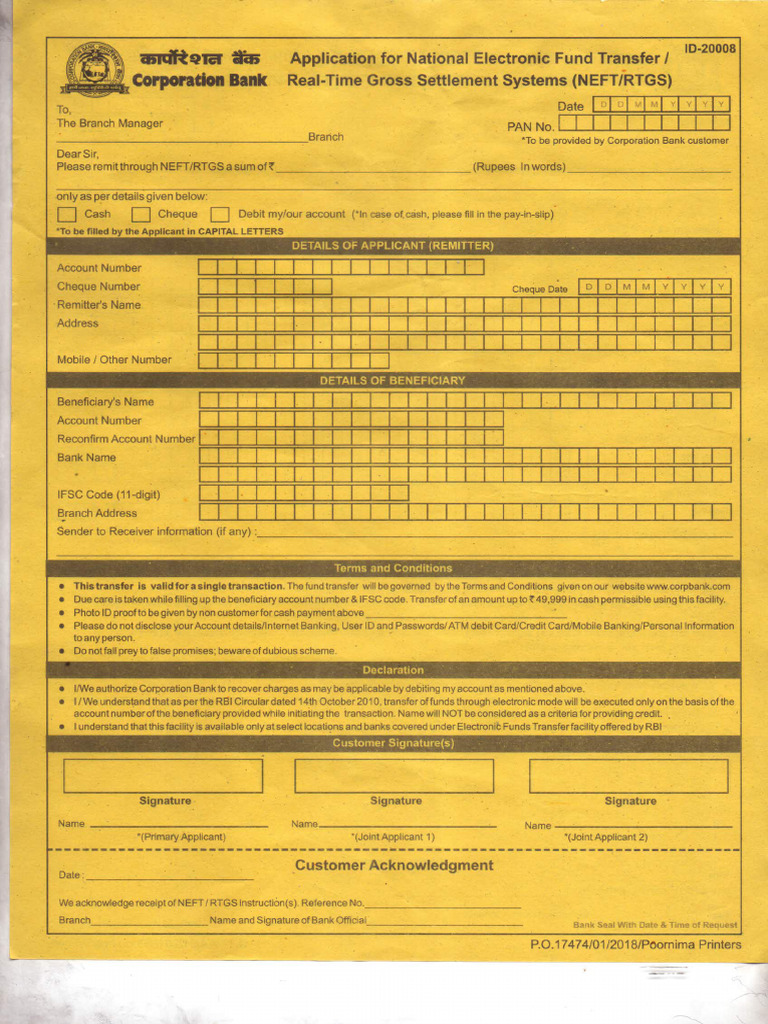Corporation Bank Neft Form | PDF