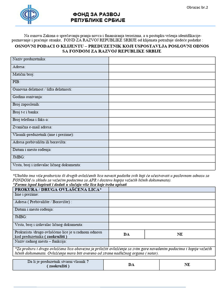 Obrazac 2 Osnovni Podaci Preduzetnik 2021 2 - 1 | PDF