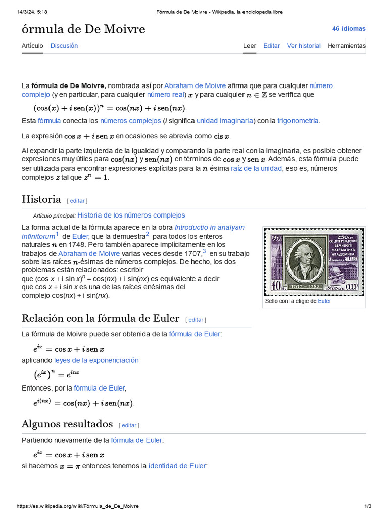 Fórmula de de Moivre - Wikipedia, La Enciclopedia Libre | PDF ...